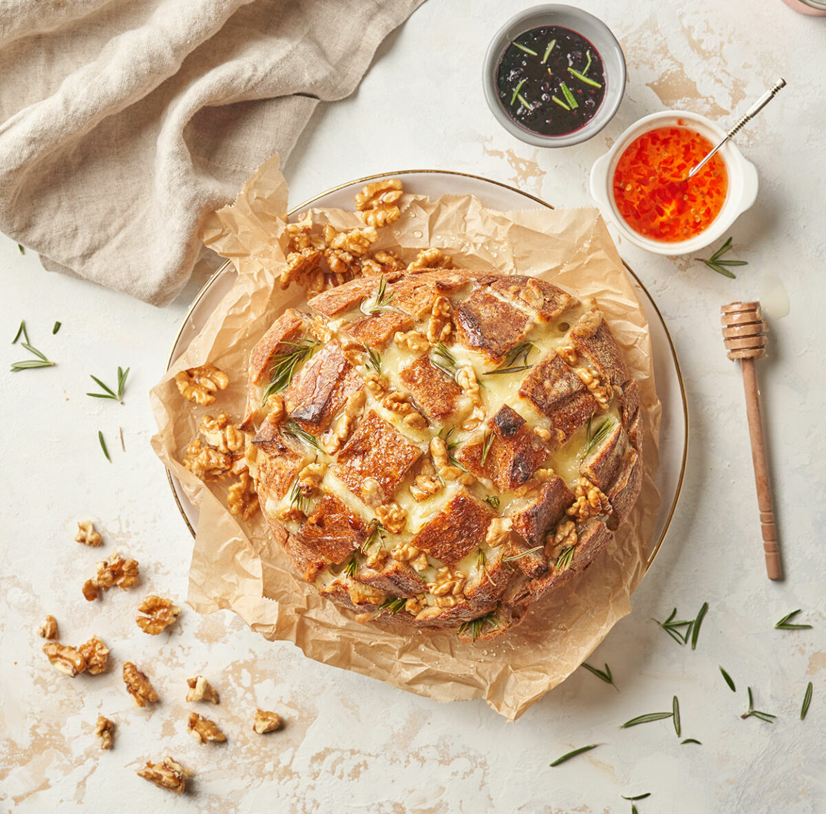 Rosemary Honey Brie Pull-Apart Bread with Maple Walnuts - The Table Diaries